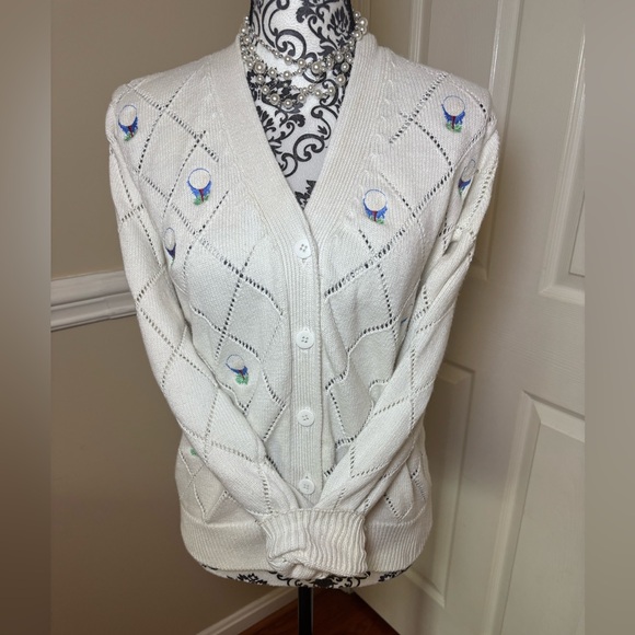 Leon Levin | Sweaters | Vtg Leon Levin Cream Cardigan Golf Theme ...